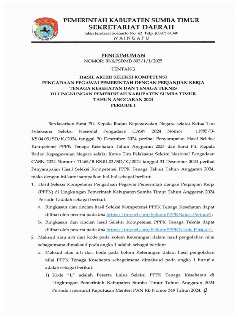 Pengumuman Hasil Akhir Seleksi Kompetensi PPPK Nakes Dan Teknis Kab. Sumba Timur Tahun 2024 ...