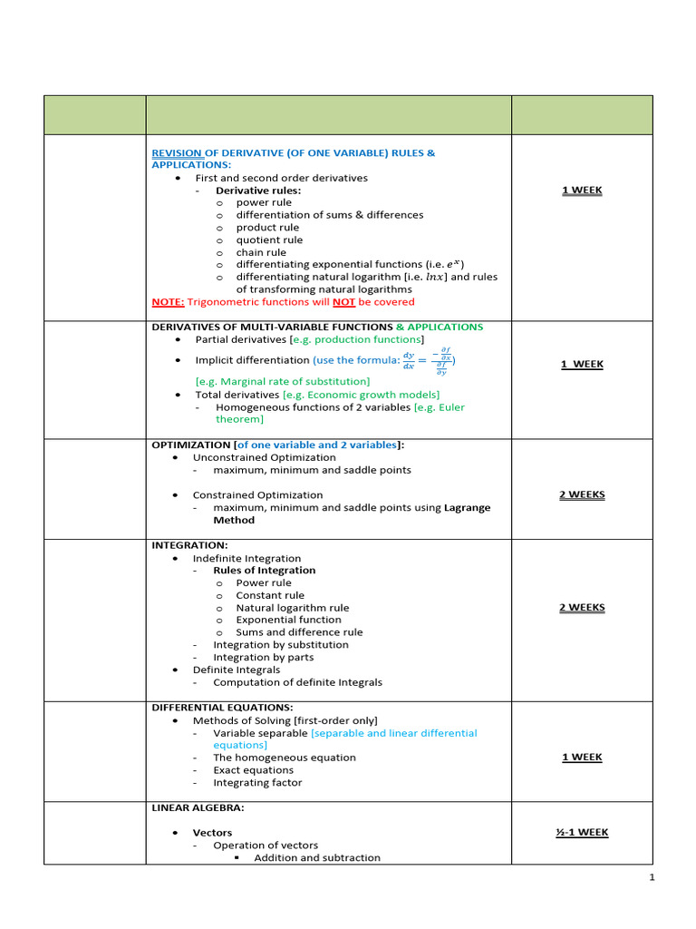 ECON1004 Tentative Course Plan_2017 | PDF | Matrix (Mathematics ...