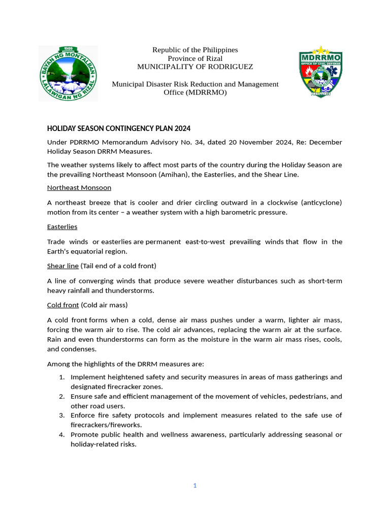 Holiday Season Contingency Plan 2024 | PDF | Emergency | Wound