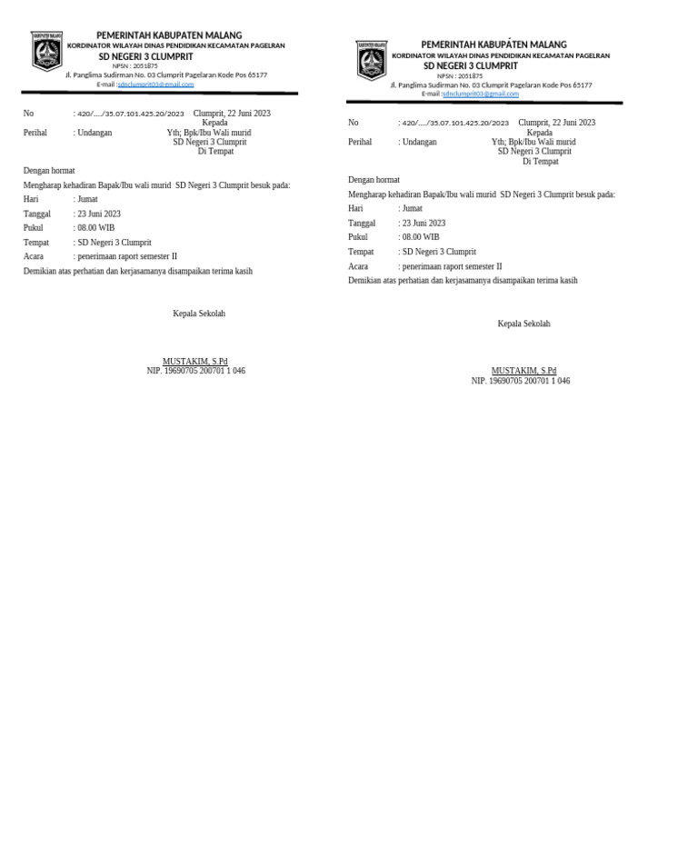 Undangan Penerimaan Rapot | PDF