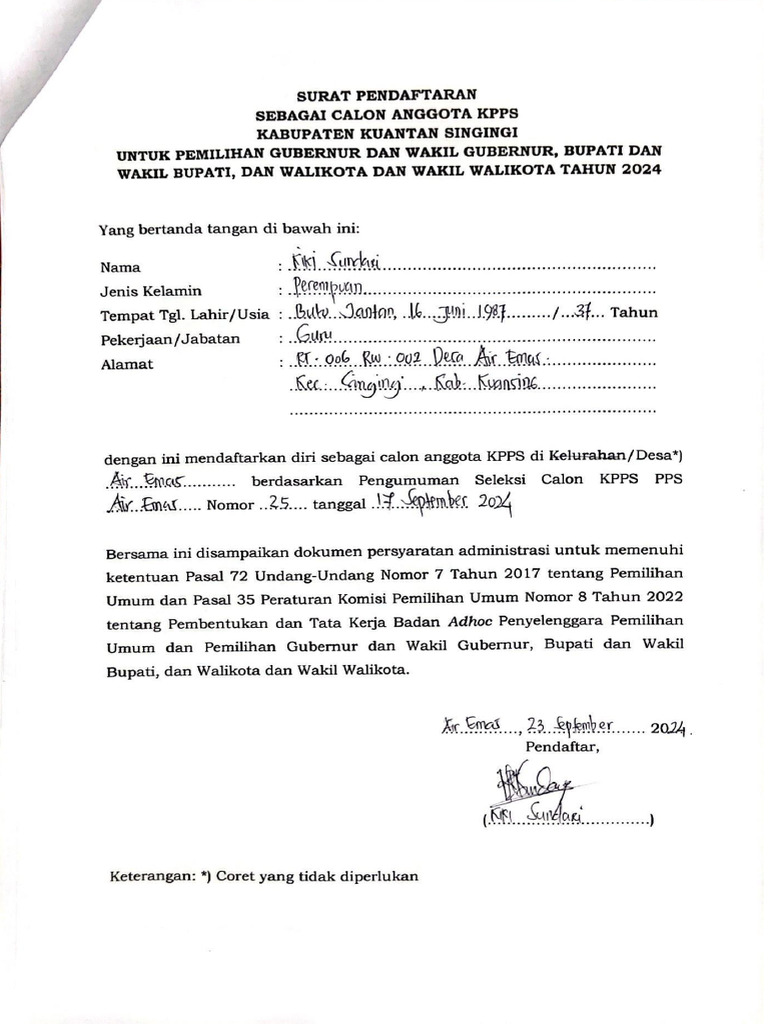 Kpps-Kiki Sundari-Surat Pendaftaran | PDF