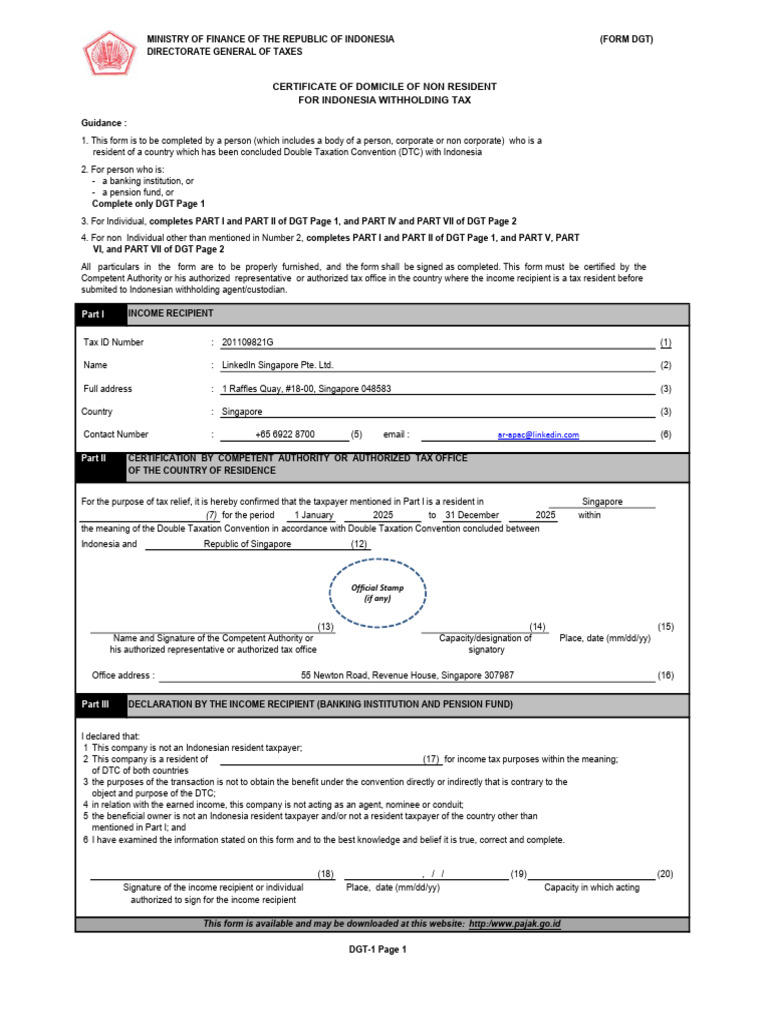Indonesia DGT Form Guidance 2025 | PDF | Taxes | Double Taxation