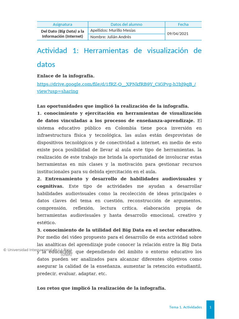 Actividad 1 Big Data | PDF | Salón de clases | Big Data