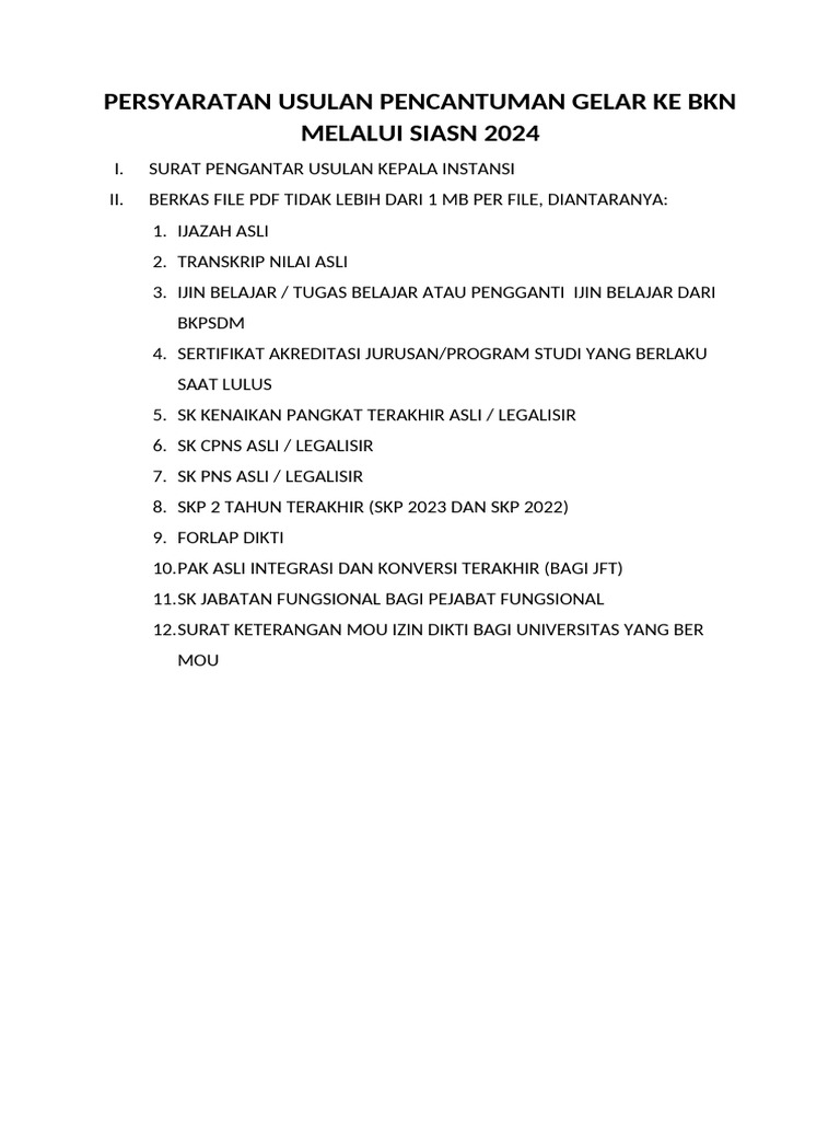 Persyaratan Usulan Pencantuman Gelar Ke BKN 2024 | PDF