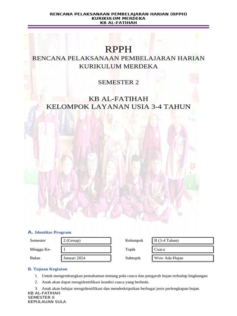 Modul Ajar RPPH KB B 3 4 Tahun Kurikulum Merdeka Smt2 | PDF