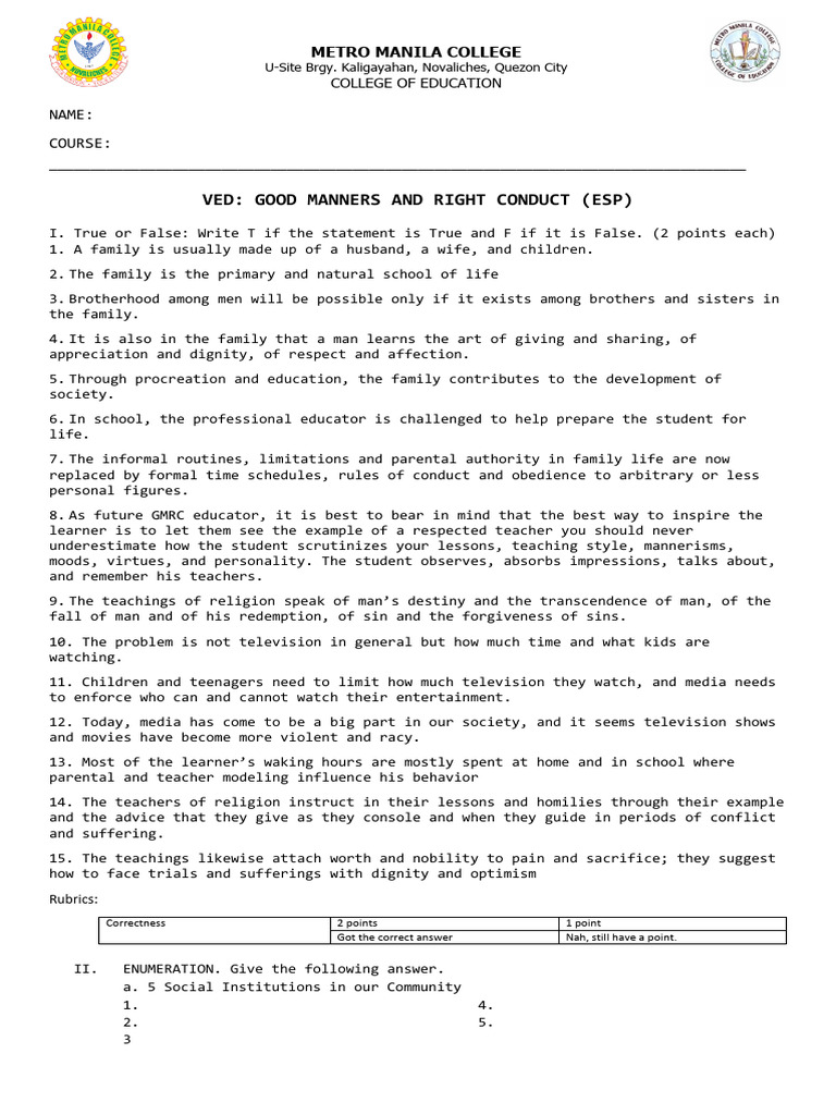 Ved - Gmrc Midterm Exam | PDF | Teachers | Learning