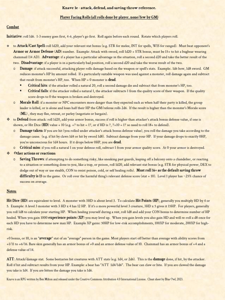 Knave 1e Player Reference | PDF | Gaming | Role Playing Video Games