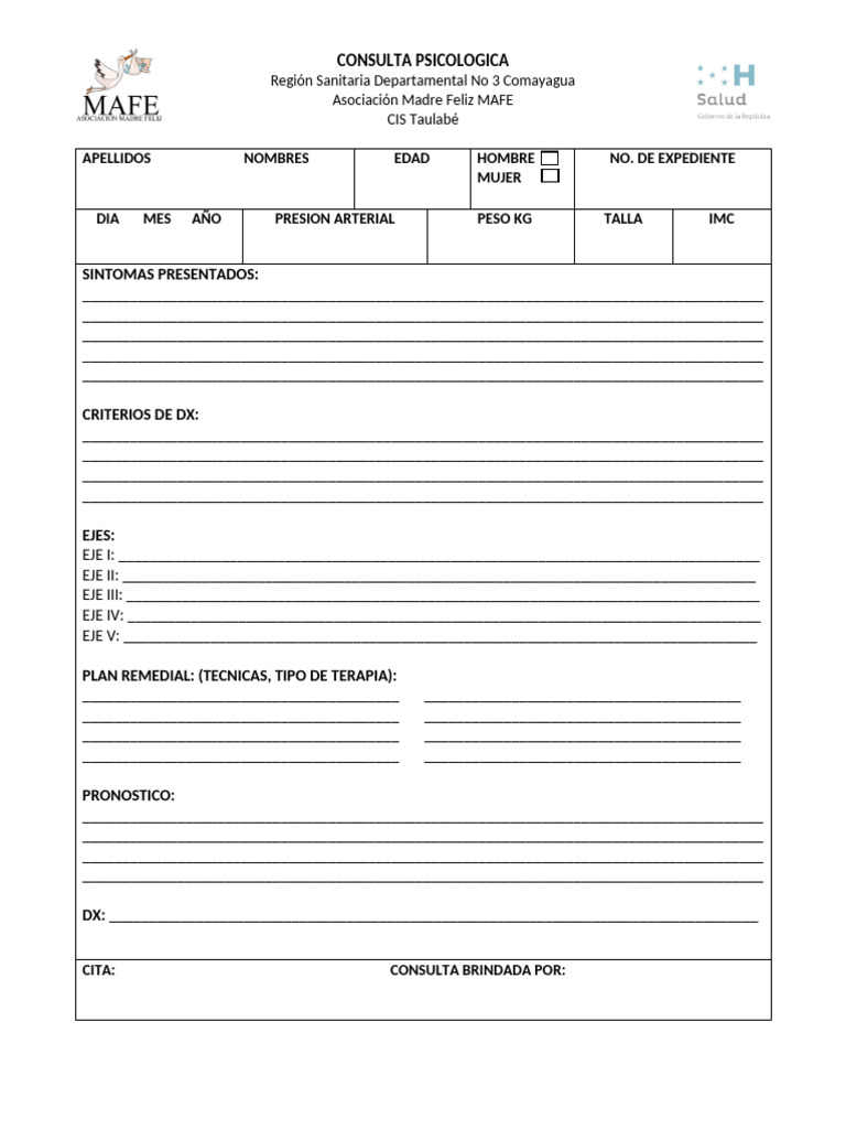 Formato Consulta Psicologica | PDF | Enfermedades y trastornos | Medicina CLINICA
