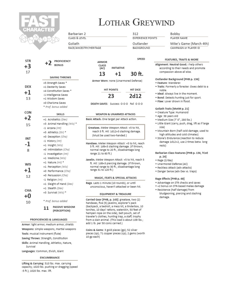 Goliath Barbarian 2nd Level | PDF | Dungeons & Dragons | Wizards Of The ...