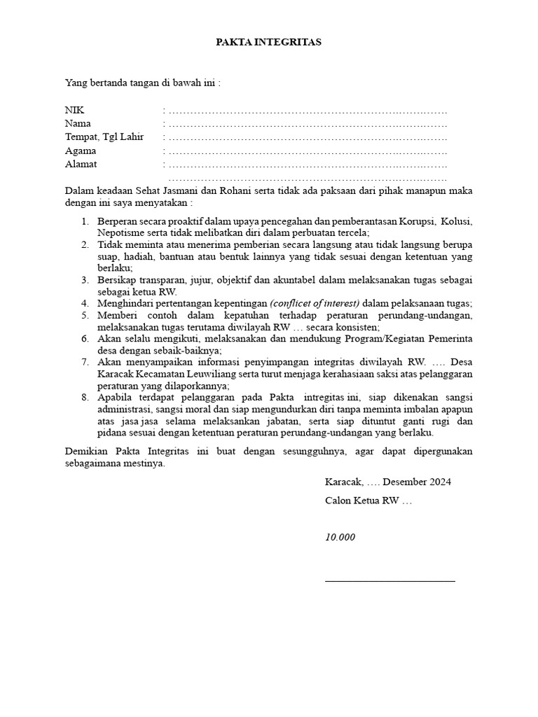Pakta Integritas RW 2024 | PDF