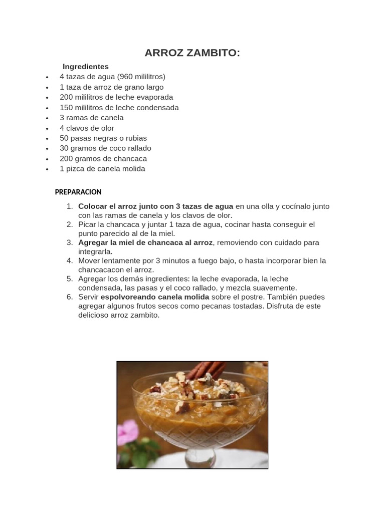 Receta de Arroz Zambito Dulce | PDF