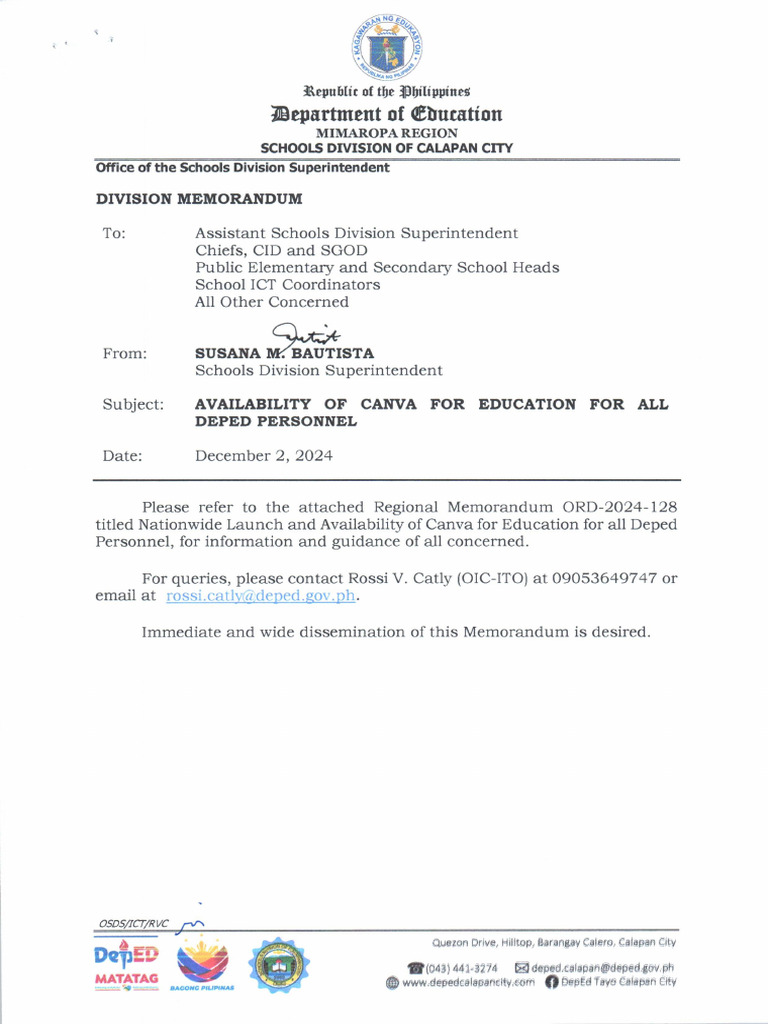 Availability of CANVA For Education For All DEPED Personnel | PDF