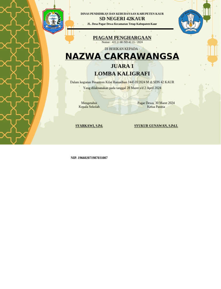 Sertifikat Juara 1 LOMBA KALIGRAFI TINGKAT 123 | PDF