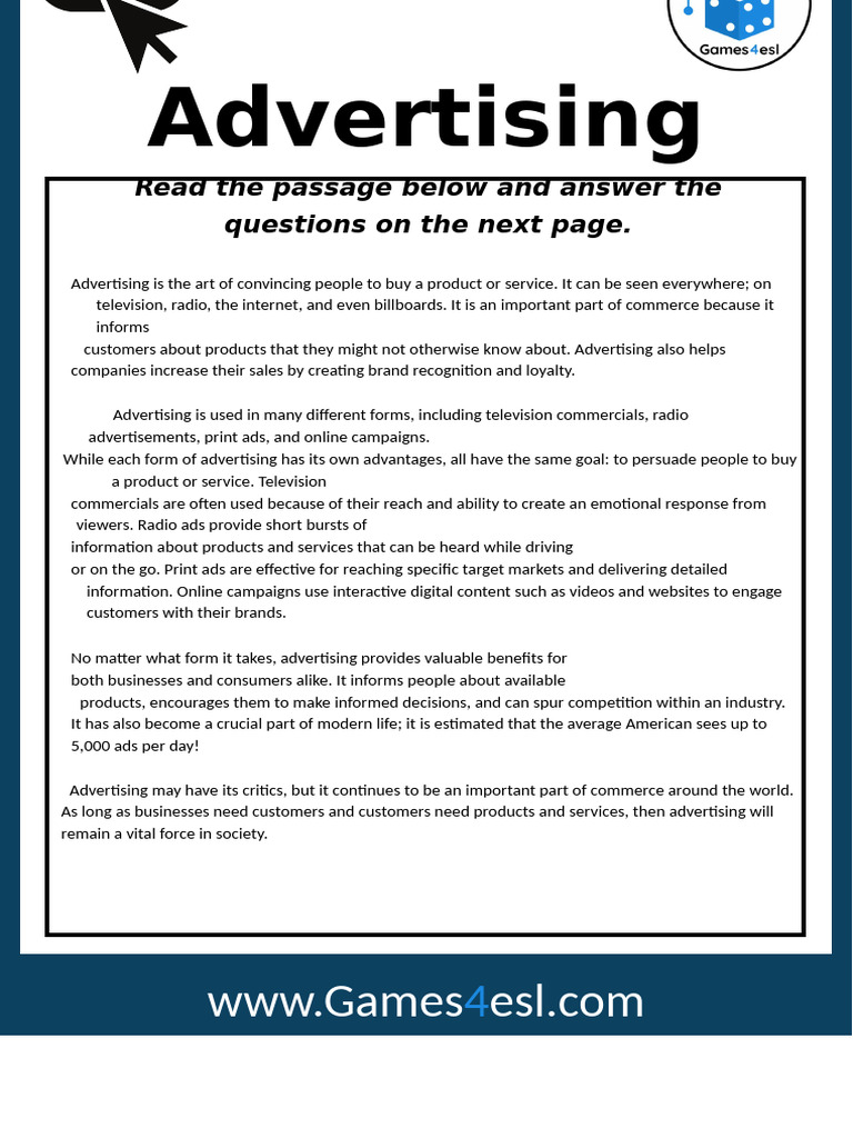 Reading Comprehension Worksheet Advertising | PDF