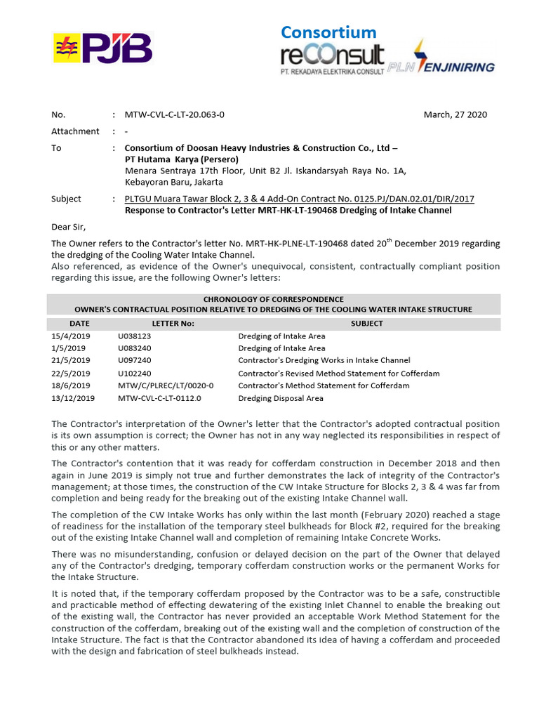 MTW-CVL-C-LT-20.063-0 Resp. To Contr's Letter Dredging of Intake ...