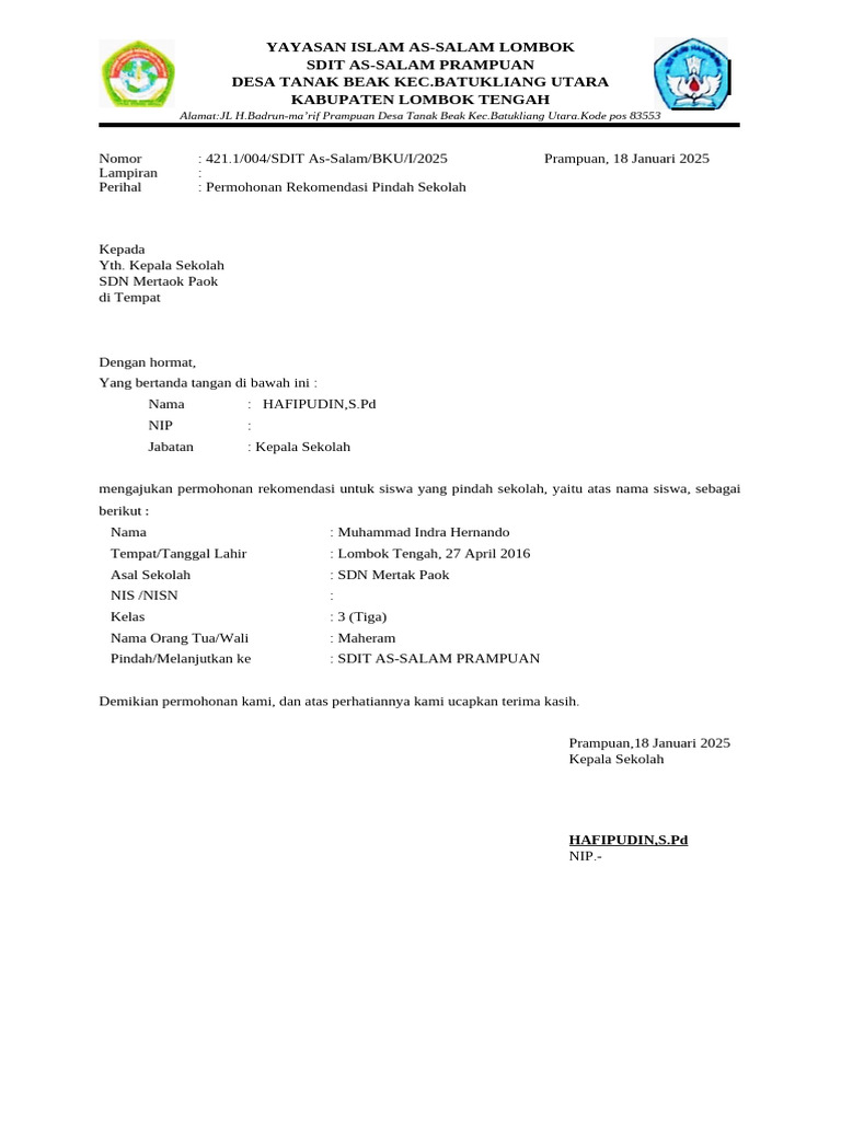 contoh-permohonan-rekom-dan-surat-keterangan-pindah | PDF