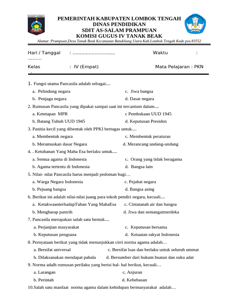 SOAL SAS 1 PKN KELAS IV 2023 | PDF