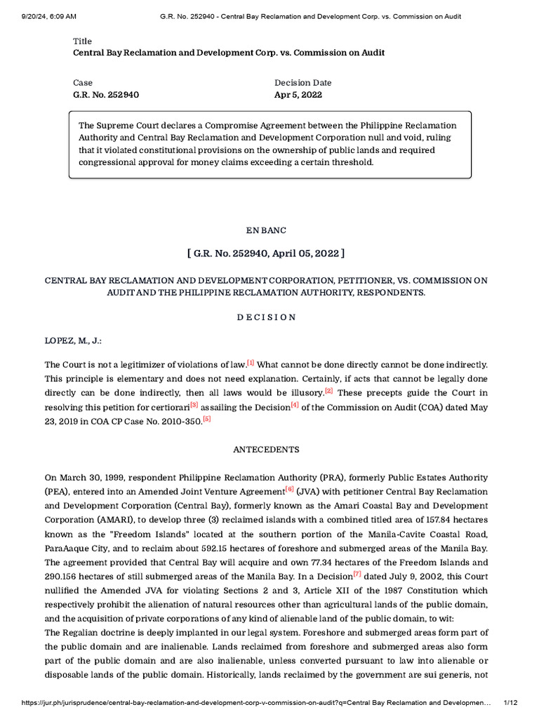 Supreme Court Ruling on Central Bay Reclamation | PDF | Assignment (Law ...