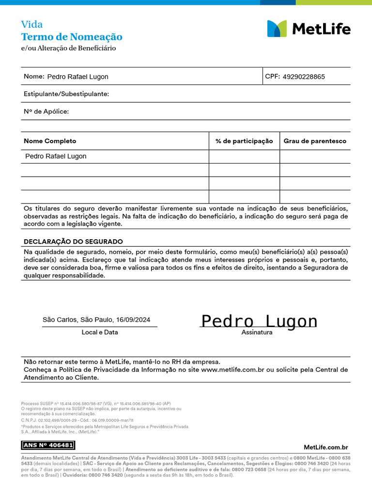 Formulario Seguro de Vida | PDF | Seguro | Indenização