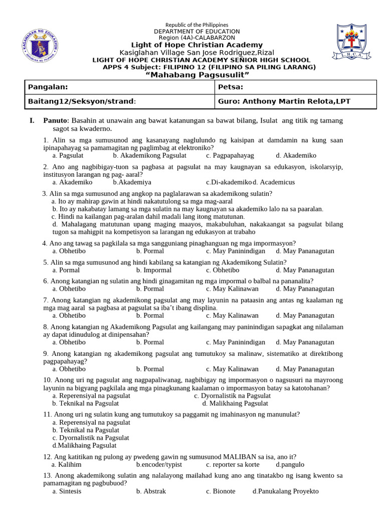 FPL Mahabang Na Pagsusulit | PDF
