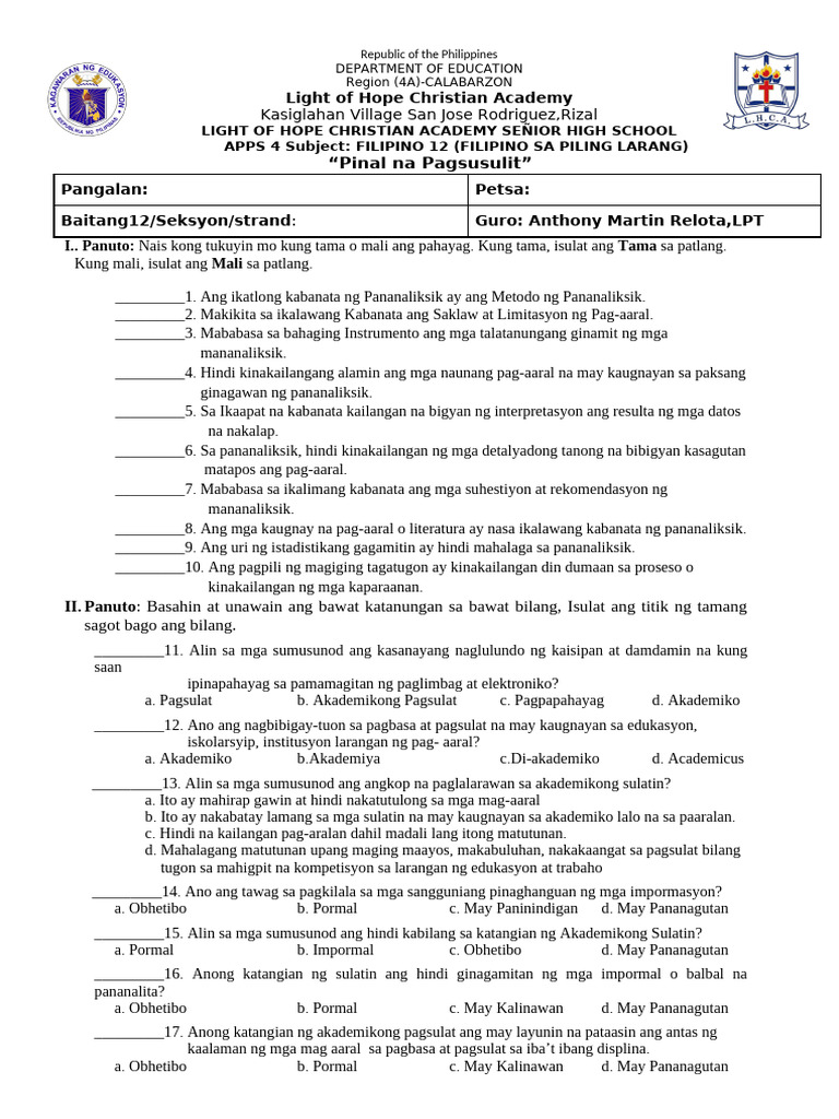 FPL Pinal Na Pagsusulit | PDF