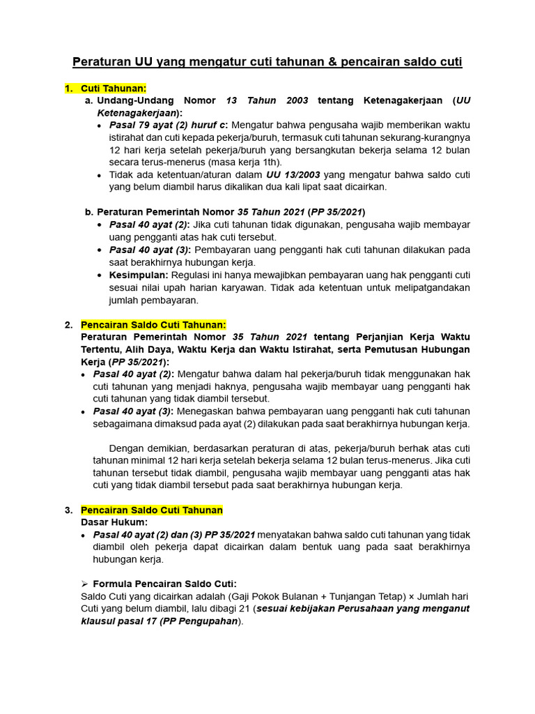 Aturan Cuti Tahunan dan Pembayarannya | PDF