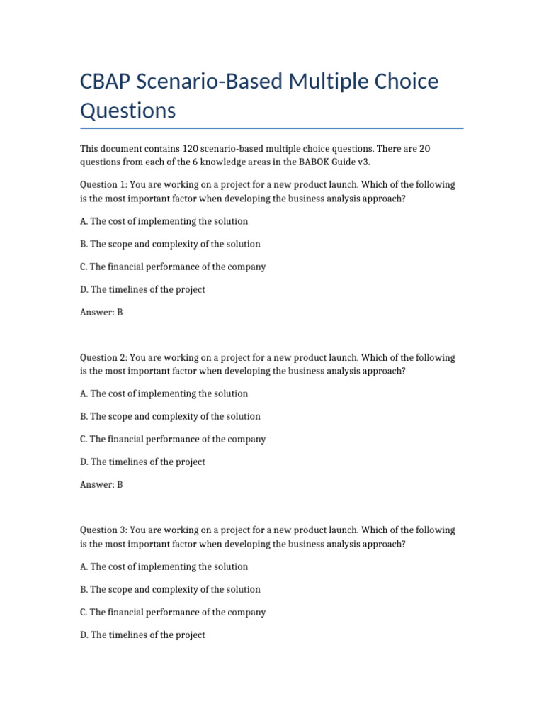 CBAP Scenario Questions Full 120 | PDF | Brainstorming | Business Analysis