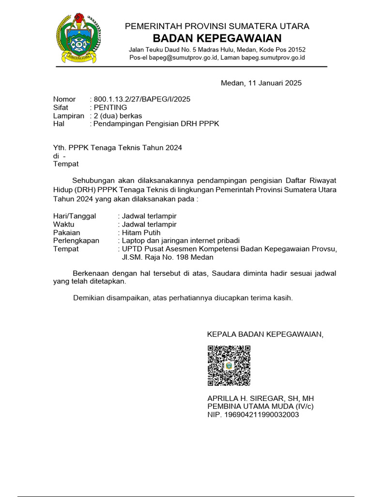 Undangan Pendampingan Pengisian DRH PPPK Tenaga Teknis 2024 | PDF