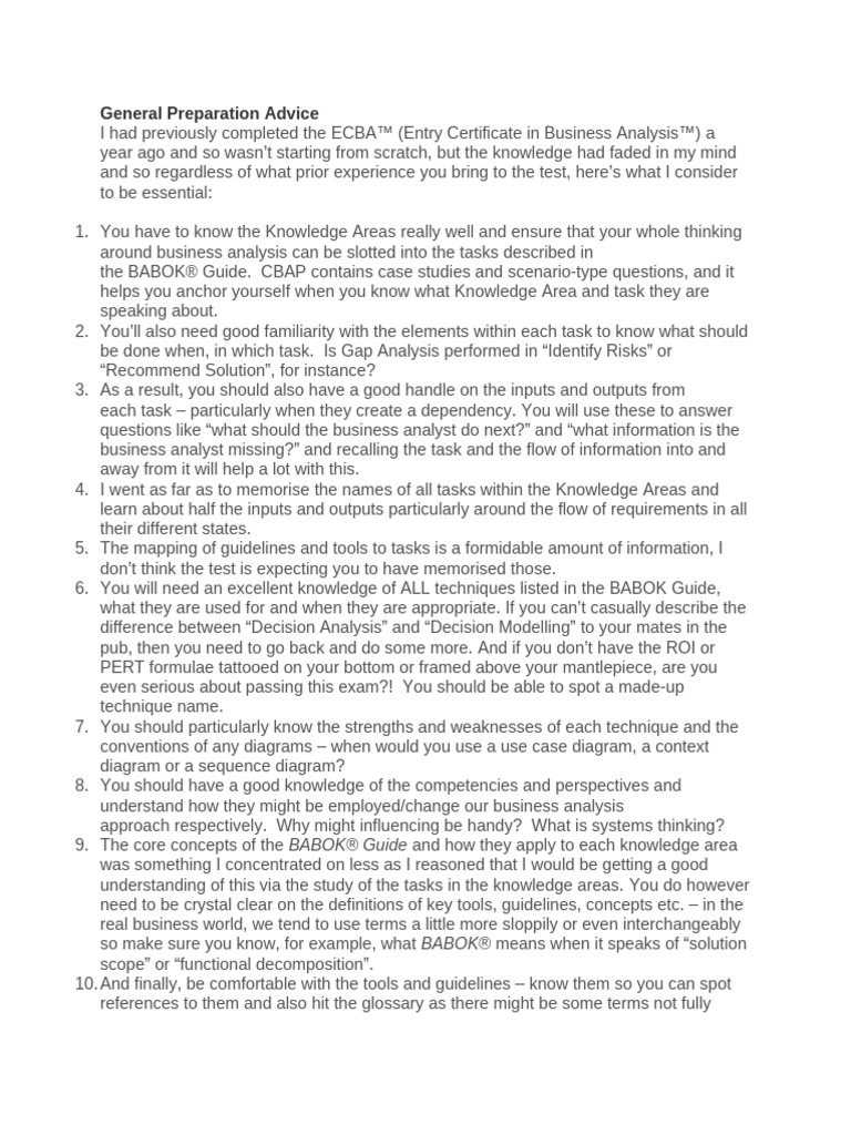 CBAP TIPs On Preparation | PDF | Business Analysis | Knowledge