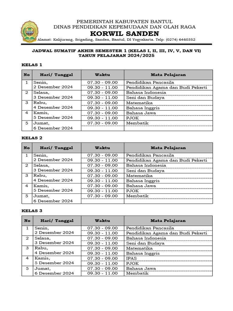 Jadwal Sas Sem 1 Tp 2024-2025 | PDF