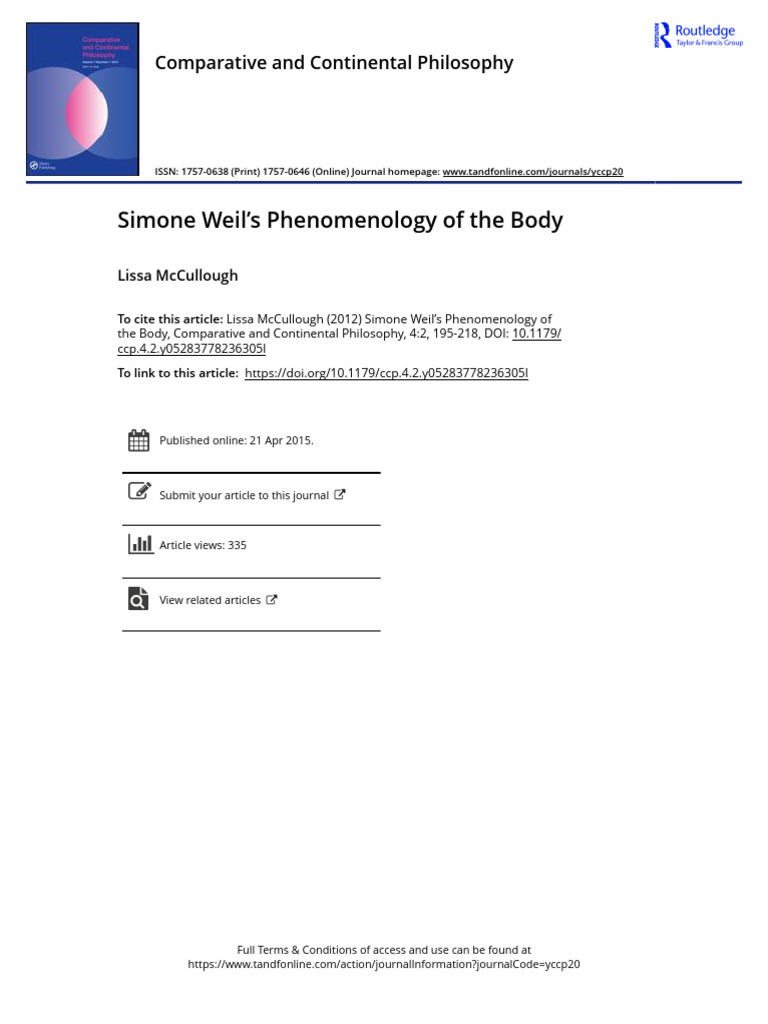 Simone Weil S Phenomenology of The Body | PDF | Phenomenology ...