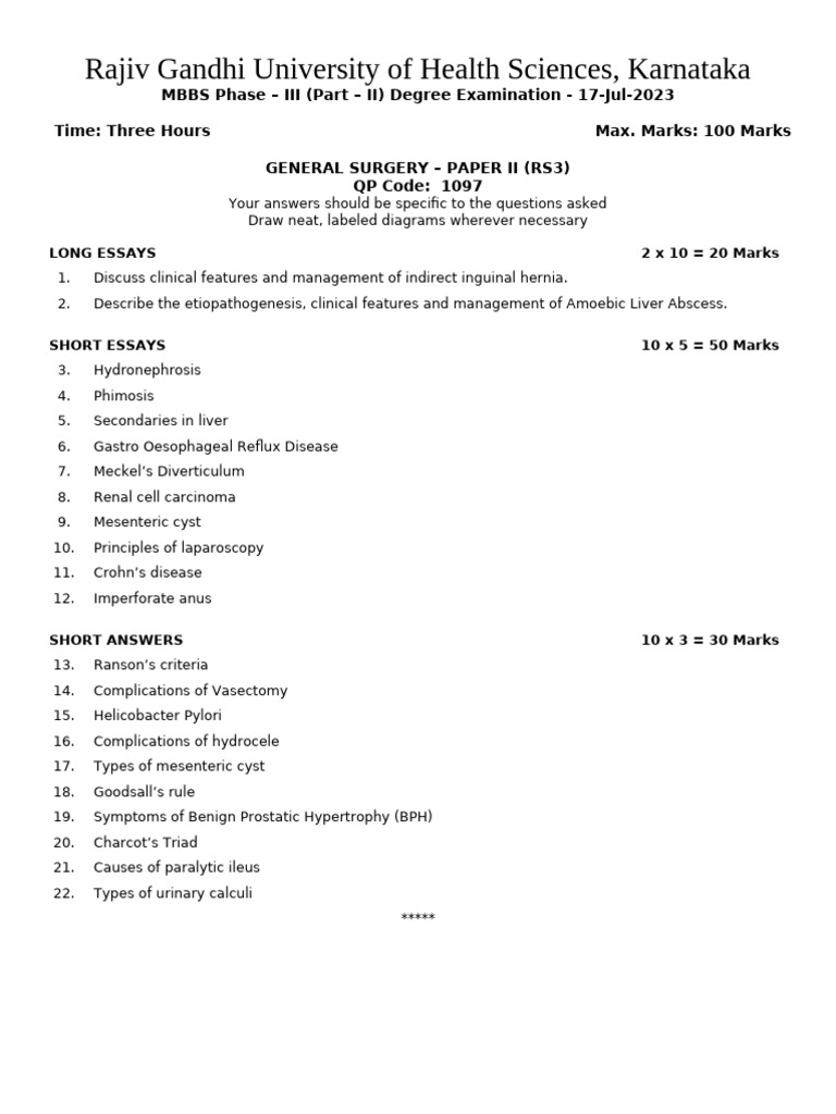 RGUHS MBBS General Surgery Exam Paper | PDF
