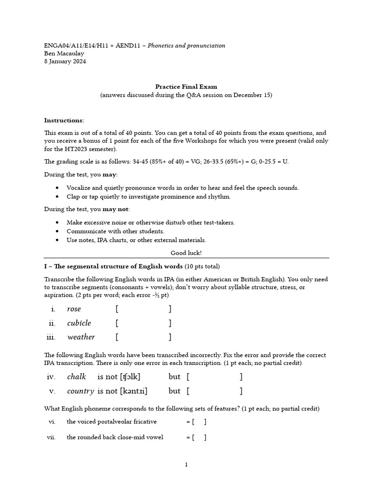ENGA04 HT24 - Phonetics Practice Final Exam | PDF | Phoneme | Syllable