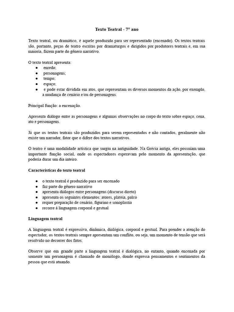 Textos Teatrais - 7° Ano | PDF | Teatro | Entrevista