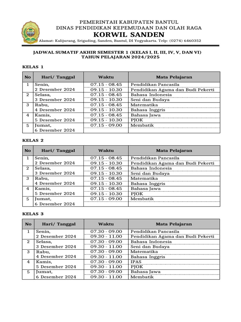 Jadwal SAS SEM 1 TP 2024-2025 | PDF