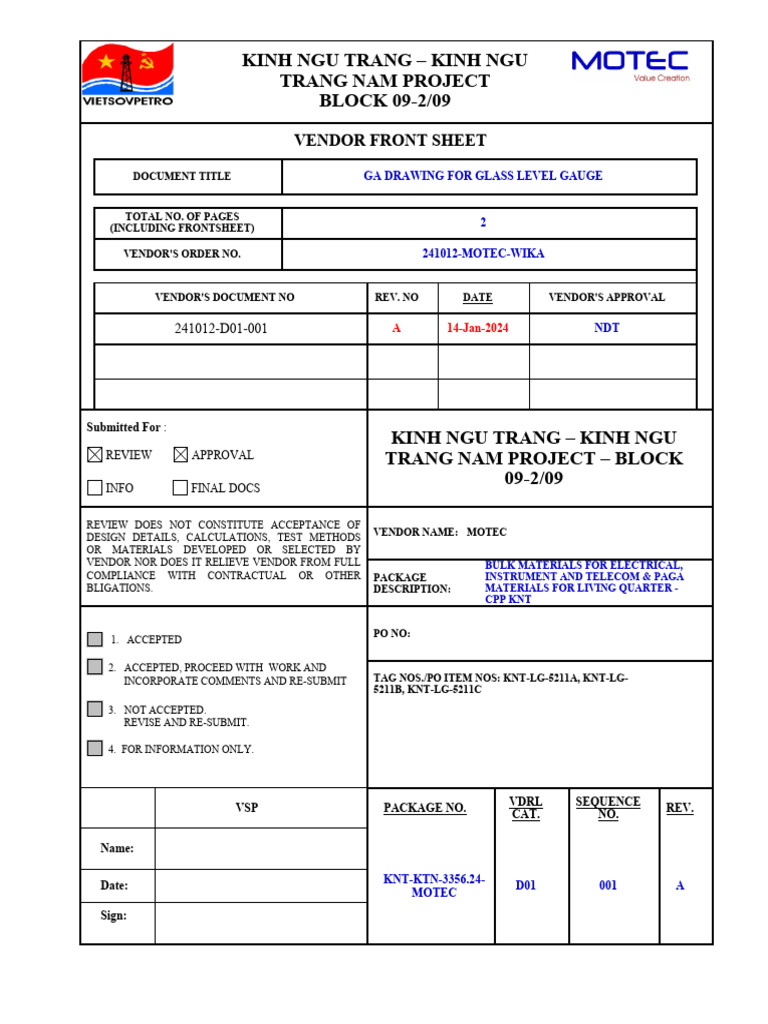 Knt-Ktn-3356.24-Motec-D01-001 - A - Ga Drawing For Glass Level Gauge | PDF