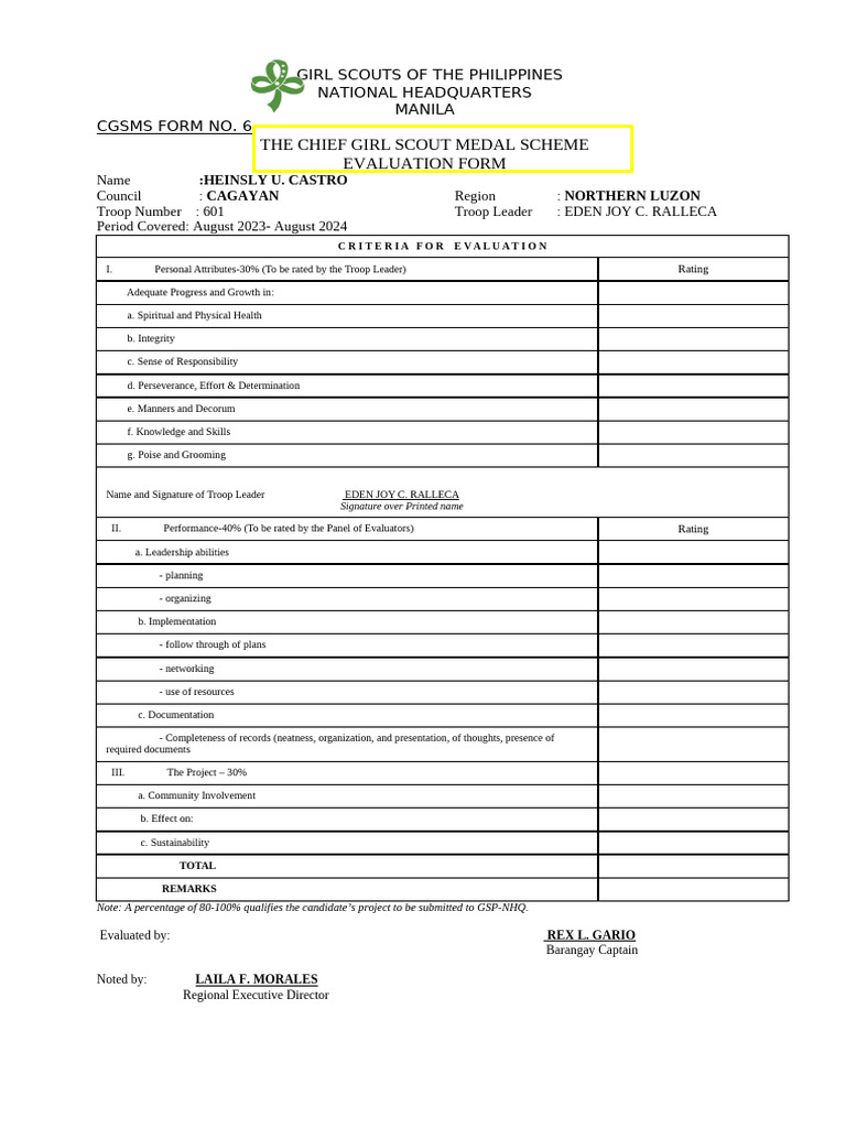 GSP Evaluation Sheet | PDF