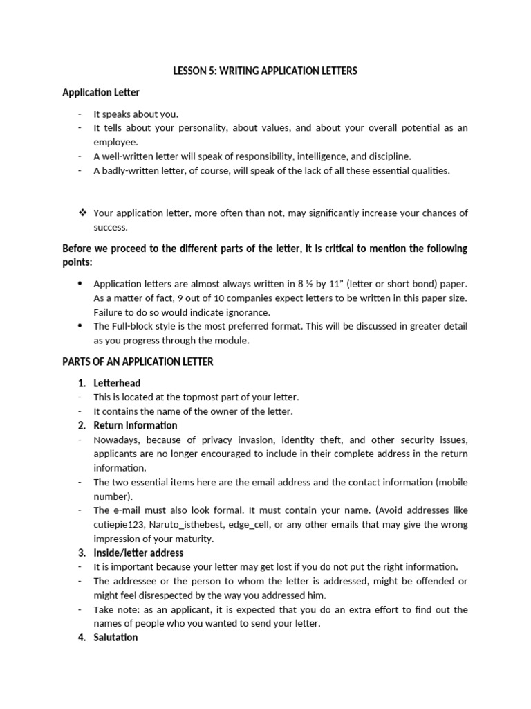 Application Letter Lesson For GenEd 5 | PDF