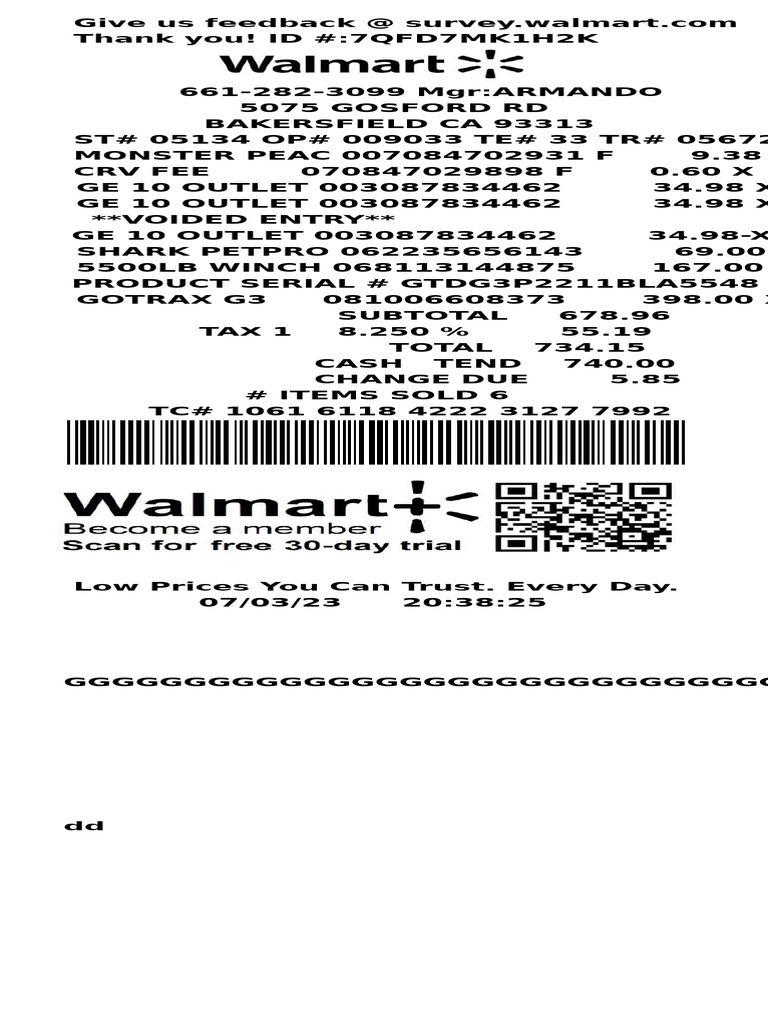 Walmart Receipt Feedback Request | PDF