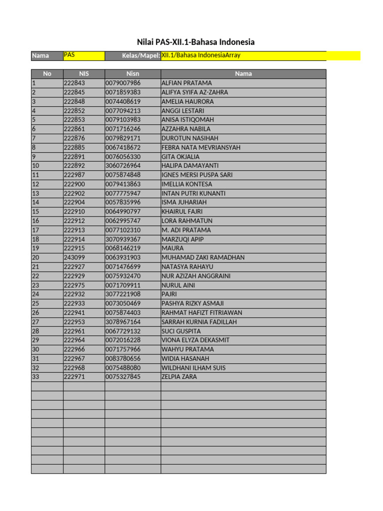 Nilai PAS-XII.1-Bahasa Indonesia | PDF