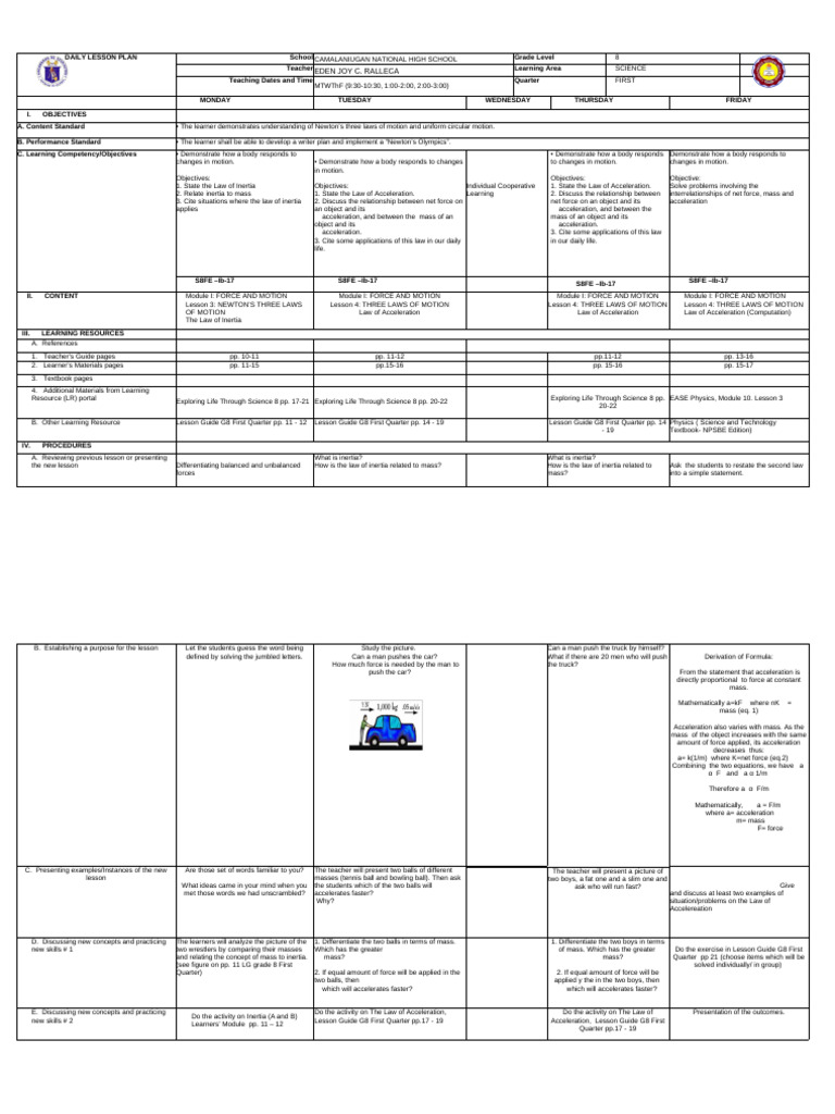 grade 8 DLL 2ND WEEK | PDF | Force | Mass