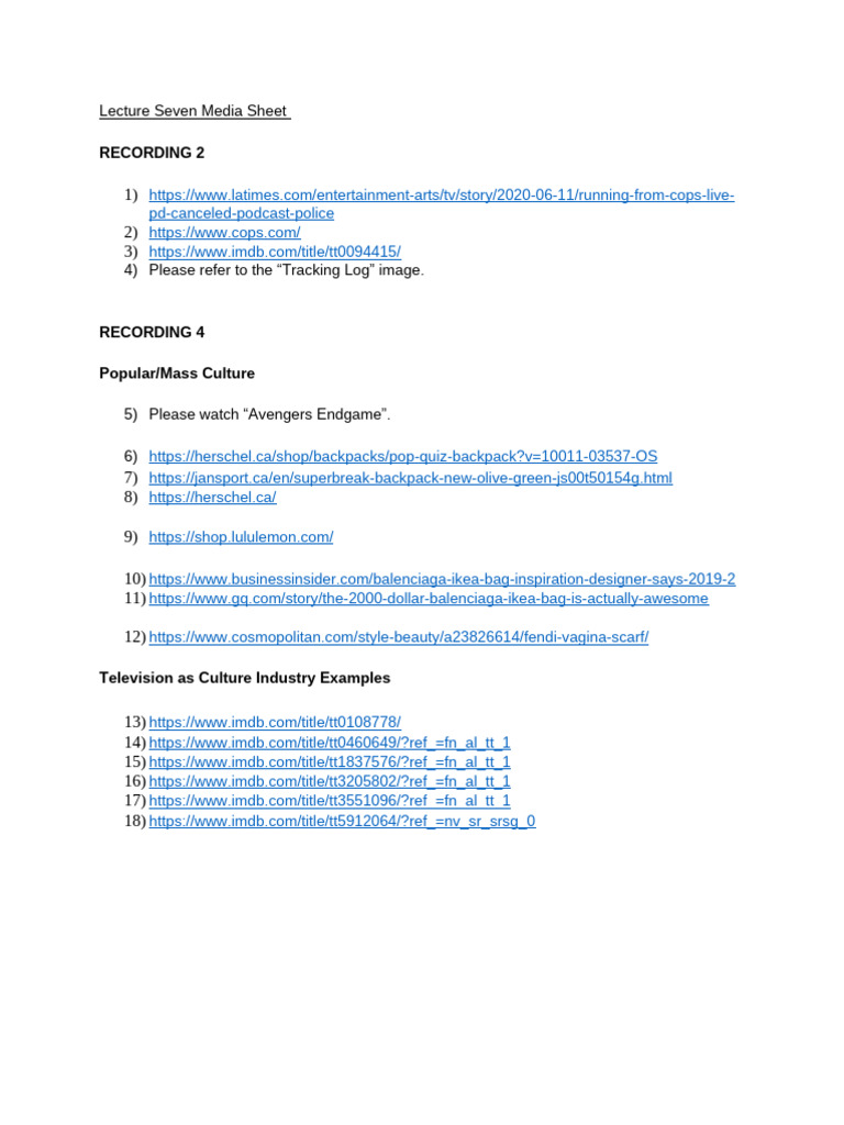Lecture Seven Media Sheet | PDF
