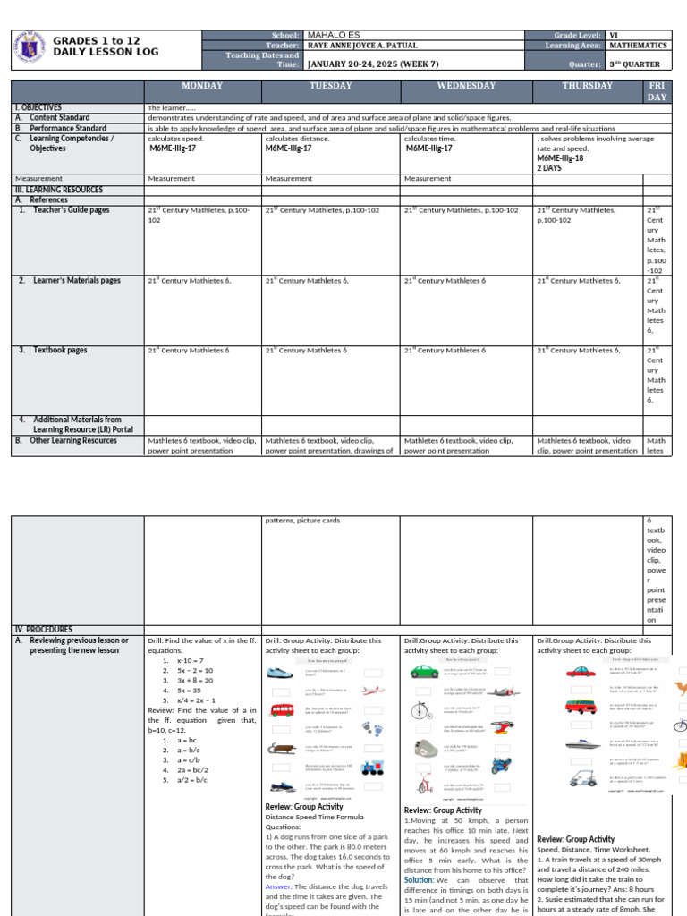 DLL_MATHEMATICS 6_Q3_W7 | PDF | Speed | Distance