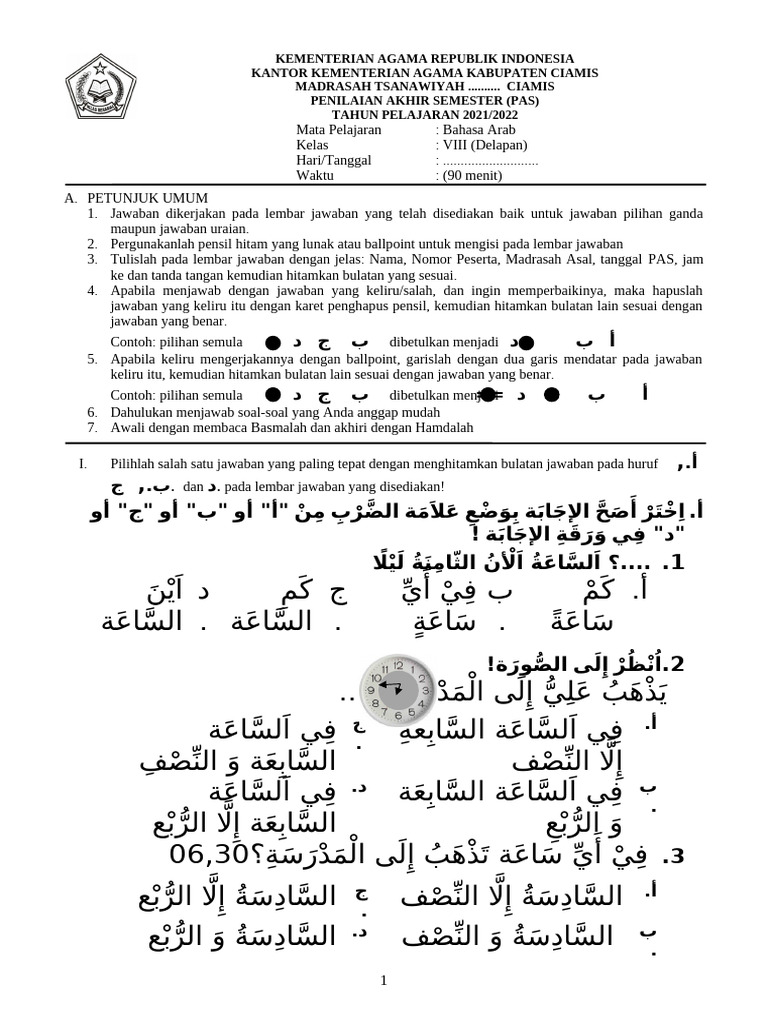 Soal PAS Bahasa Arab Kelas 8 Semester Ganjil Tahun Pelajaran 2021-2022 | PDF