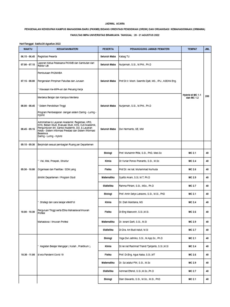 Jadwal PKKMB FMIPA UB 2022 | PDF