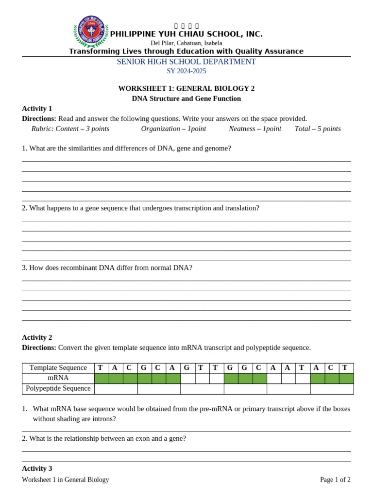 Worksheet 1 - Central Dogma of Molecular Biology | PDF