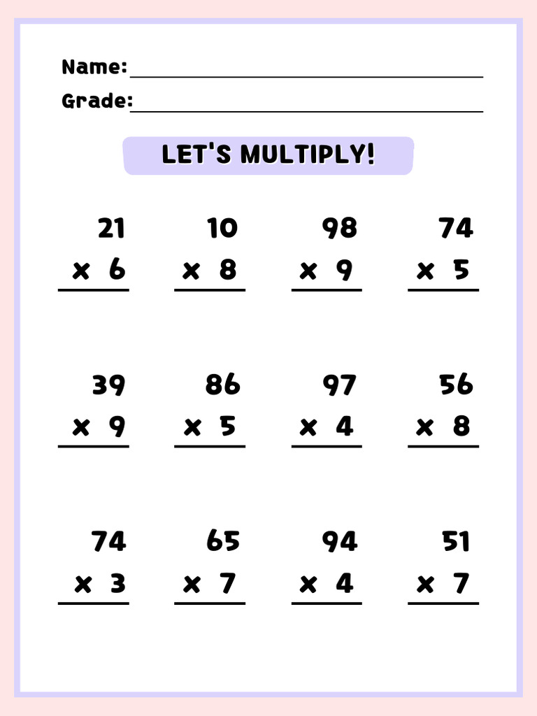 Pink-Purple Simple Multiplication Worksheet | PDF