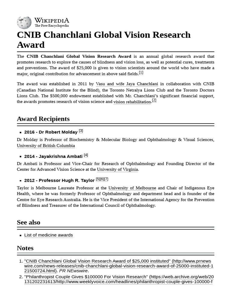 CNIB Chanchlani Vision Research Award | PDF | Vision