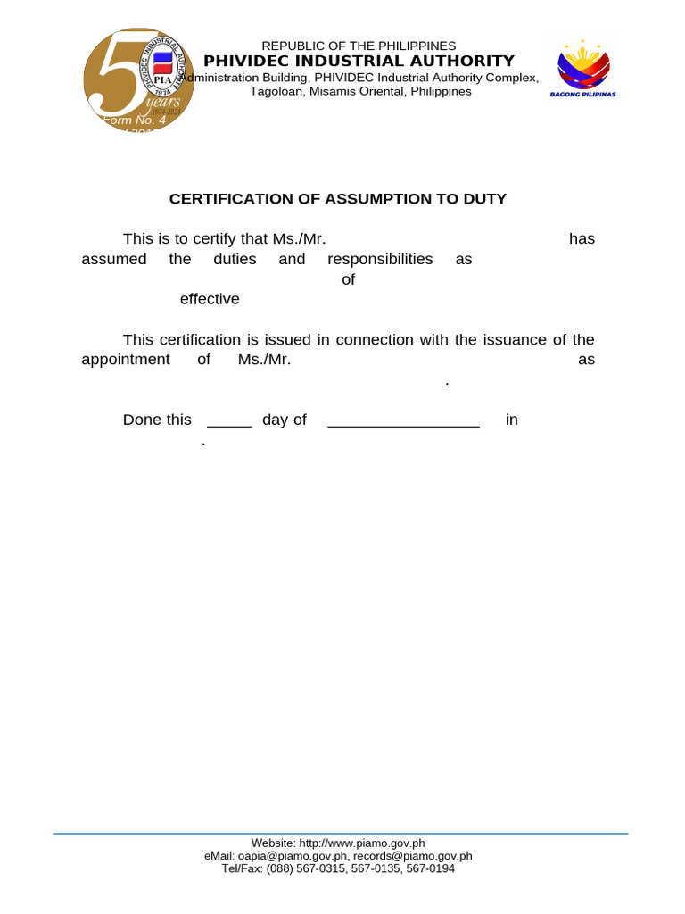 Certificate of Assumption of Duty - EnD USER | PDF
