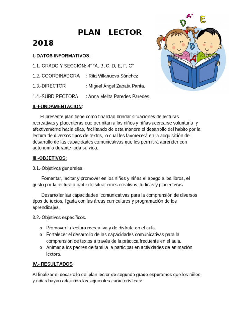 Plan Lector para 4° Grado: Fomento de la Lectura | PDF | Pedagogía ...